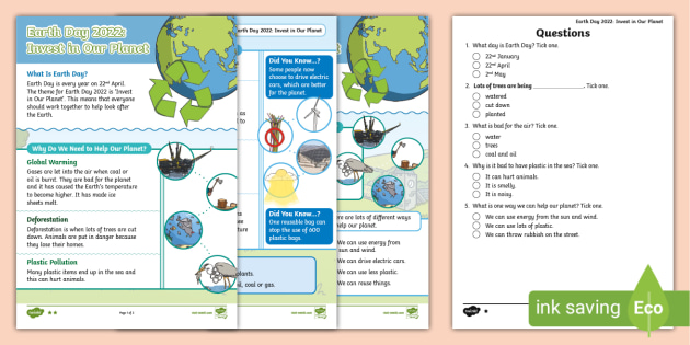 KS1 Earth Day 2022: Invest in Our Planet Comprehension