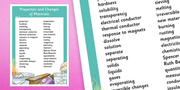 Year 5 Properties and Changes of Materials Vocabulary Poster
