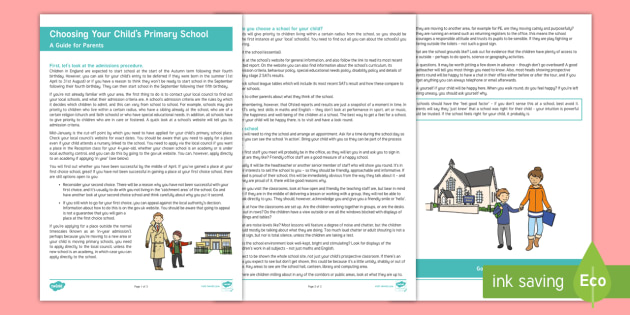 Choosing Your Child's Primary School Parent and Carer Information Sheet