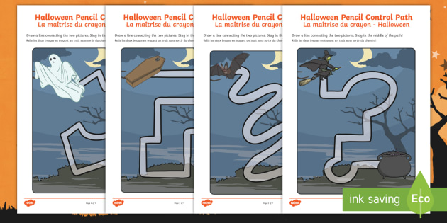 Halloween Pencil Control Paths Worksheet / Worksheets English/French