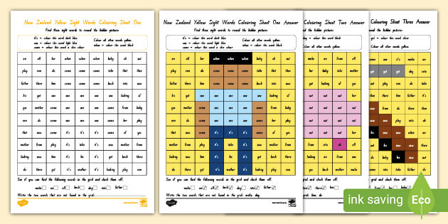 New Zealand Yellow Sight Words Mosaic Colouring Sheets