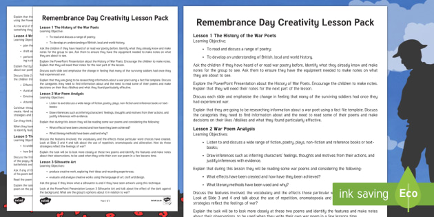 Remembrance Day Lesson Plans- Creativity Lesson Pack