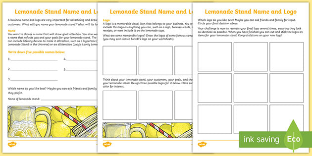 Lemonade Stand Name and Logo Worksheet Activity for Kids