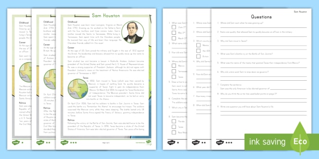 Sam Houston Differentiated Reading Comprehension Activity - United States
