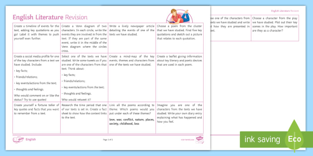 GCSE English Literature Revision Activity Mat