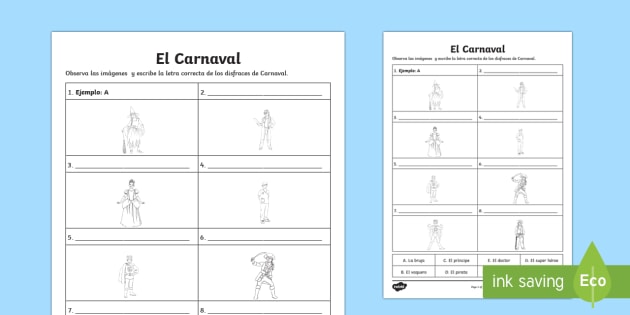 Carnival Costumes Word and Picture Matching Worksheet / Worksheet