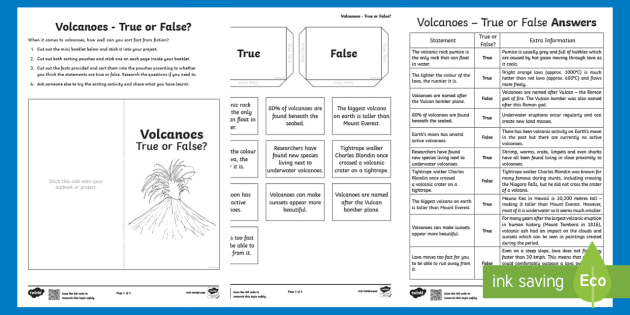Volcanoes True or False Sorting Worksheet / Worksheet