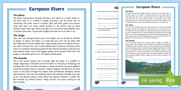 European Rivers Comprehension Worksheets (teacher made)