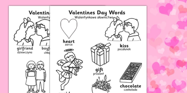 Valentine's Day Words Colouring Sheets Polish Translation - polish
