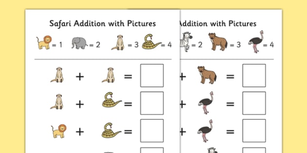 Safari Themed Addition with Pictures Worksheet / Worksheet Pack