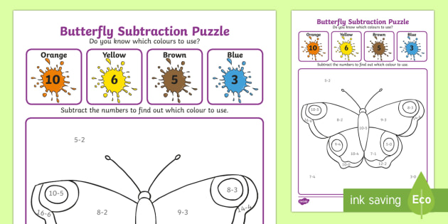 Butterfly Subtraction Puzzle (0-10) - Minibeasts