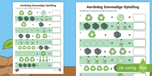 Aardedag Eenvoudige Optelling Aktiwiteit bladsy