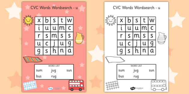 CVC Wordsearch u - word search, word games, find the word, CVC