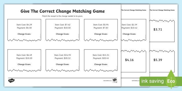 Subtracting Decimal Numbers - Money Matching Game