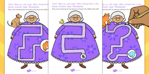 There Was Old Lady Who Swallowed a Fly Pencil Control Worksheets
