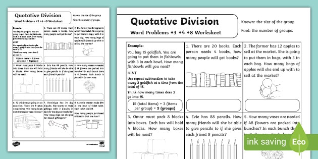 Quotative Division Word Problems Worksheet