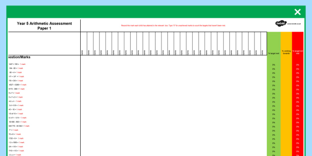 Year 5 Arithmetic Full Practise Tests Assessment Spreadsheet