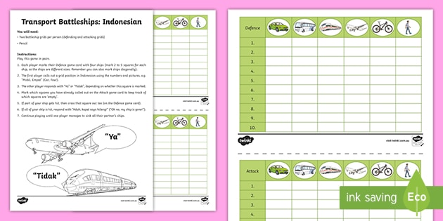Transport Battleships Board Game Indonesian (teacher made)