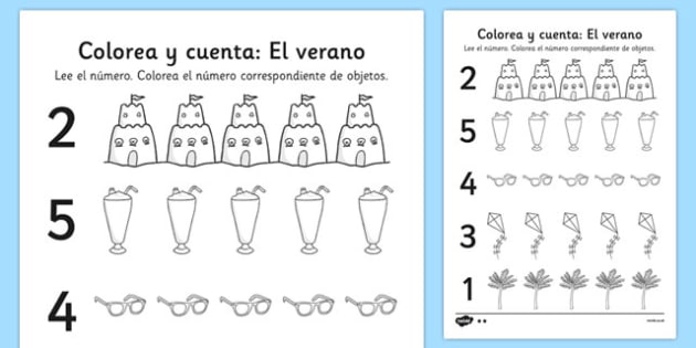 Colorea y cuenta: El verano Summer Themed Count and Colour Sheet Spanish