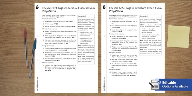Edexcel GCSE Poetry Exam Prep - 'Catrin' Worksheet