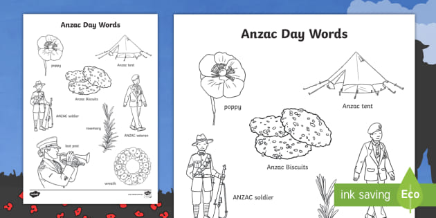 Anzac Day Words Colouring Sheet (teacher made)