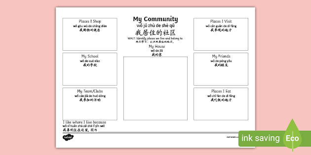 My Community Worksheet - English/Mandarin Chinese/Pinyin