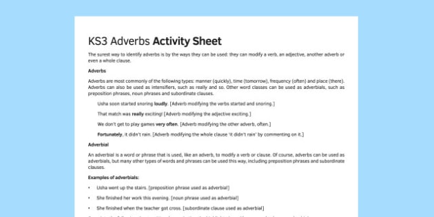 KS3 Adverbs Worksheet / Worksheet