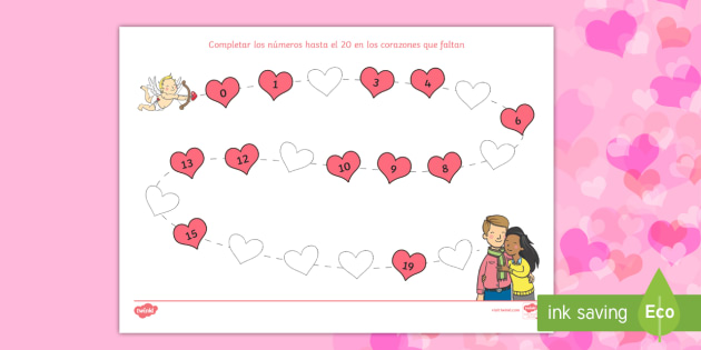 Ficha de Actividad: Completar los números hasta el 20. Dia de San Valentín