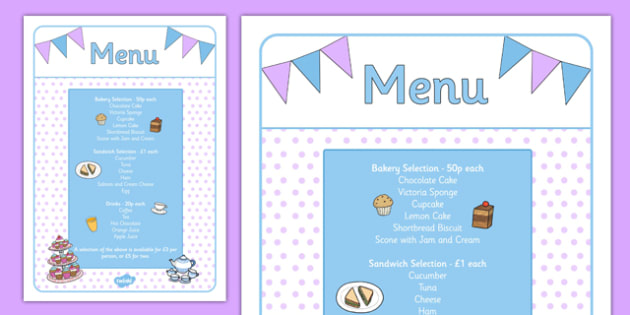 KS1 Afternoon Tea Role Play Menu - Template (teacher made)