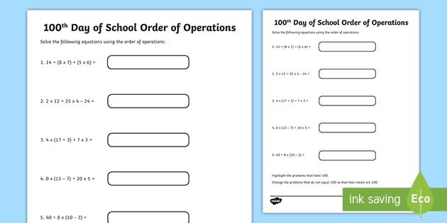 100th Day of School Order of Operations Activity