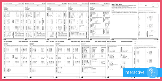 Basic Facts Test Set 3 Stages 3 - 8 Assessment Pack Worksheet / Worksheets