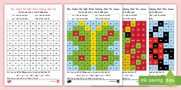 New Zealand Red Sight Words Mosaic Colouring Sheets