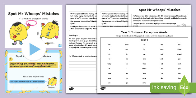 Year 1 Spot the Mistakes Common Exception Words Spelling Pack