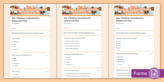 Year 3 Reading Comprehension Google Forms Assessment Pack