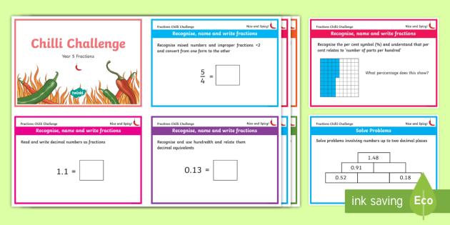 Year 5 Maths Fractions Chilli Challenge Cards (teacher made)