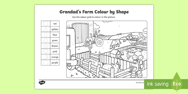 Grandpa's Farm Colour By Shape Worksheet (teacher made)