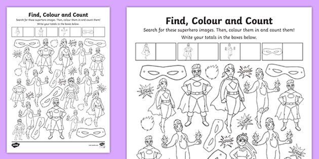 👉 Superhero Find, Colour and Count (teacher made)