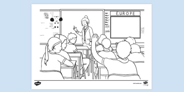 FREE! - Children in Classroom Hand Up Colouring | Colouring Sheets