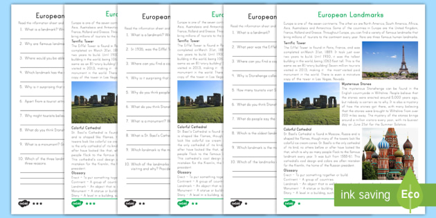 European Landmarks Differentiated Reading Comprehension Activity - Europe