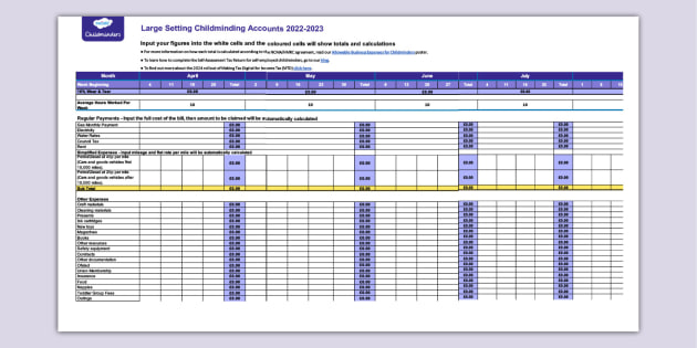 Childminder Large Setting Weekly Accounts Spreadsheet (2022-2023)