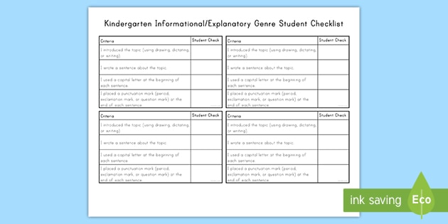 Kindergarten Informational/Explanatory Writing Genre Student Checklist