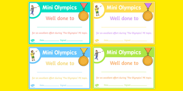 Mini Olympics Achievement Certificates - PE Certificate