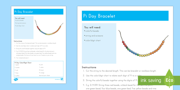 Maths Pi Day: Bracelet Craft Instructions - Pi day printables, necklace