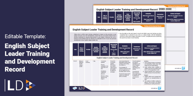 Subject Leader Training/Development Record Editable Template