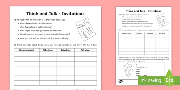 Think and Talk Invitations Worksheet / Worksheet