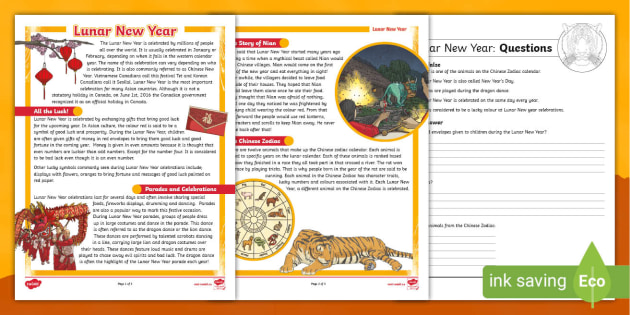 Lunar New Year Reading Comprehension (teacher made)