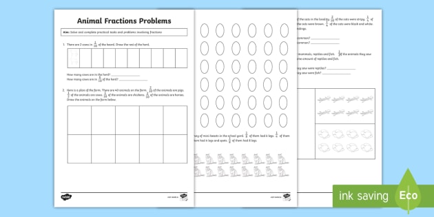 Animal-Themed Fraction Problems Worksheet (teacher made)