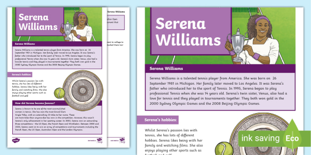 Reading Comprehension Homework Week 12 Serena Williams 3rd/4th Class