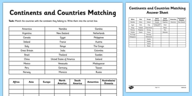 Continents and Countries Matching Activity Sheet - continents