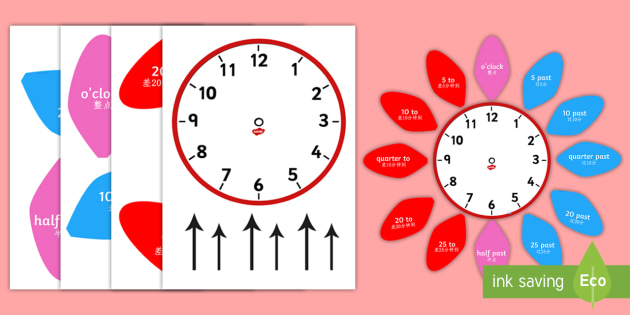 Analogue Clock Flower Labels - English/Mandarin Chinese - Analogue Clock